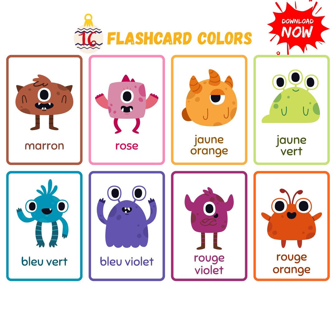 Flashcards Set of 16 Fun Monster Color Card Kids Learning Cards ...