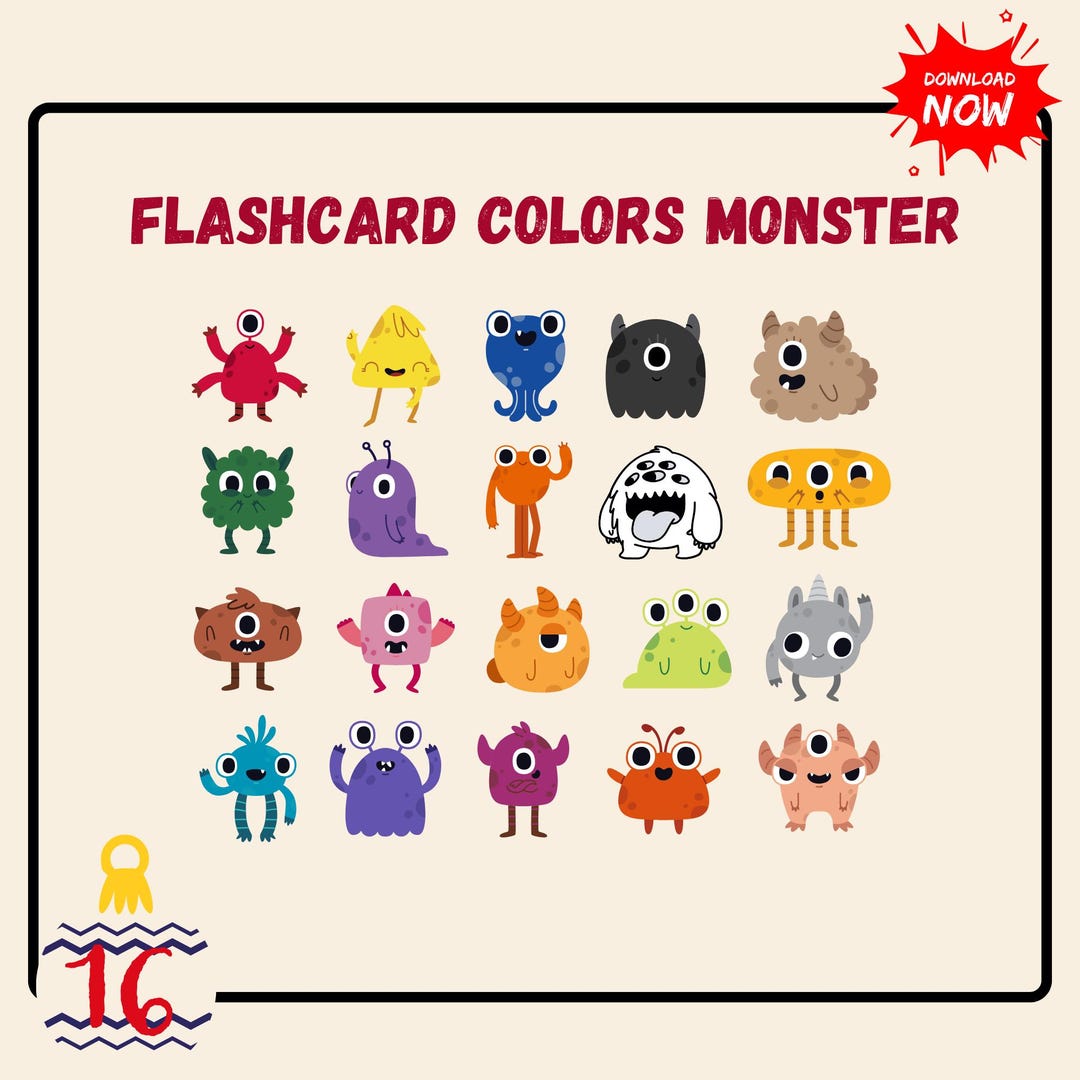 Flashcards Set of 16 Fun Monster Color Card Kids Learning Cards ...