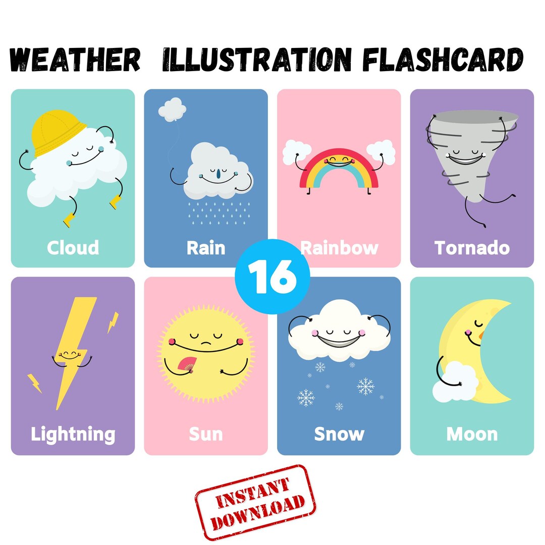 16 Weather Flashcards for Kids Illustration Cards Educational Printable ...