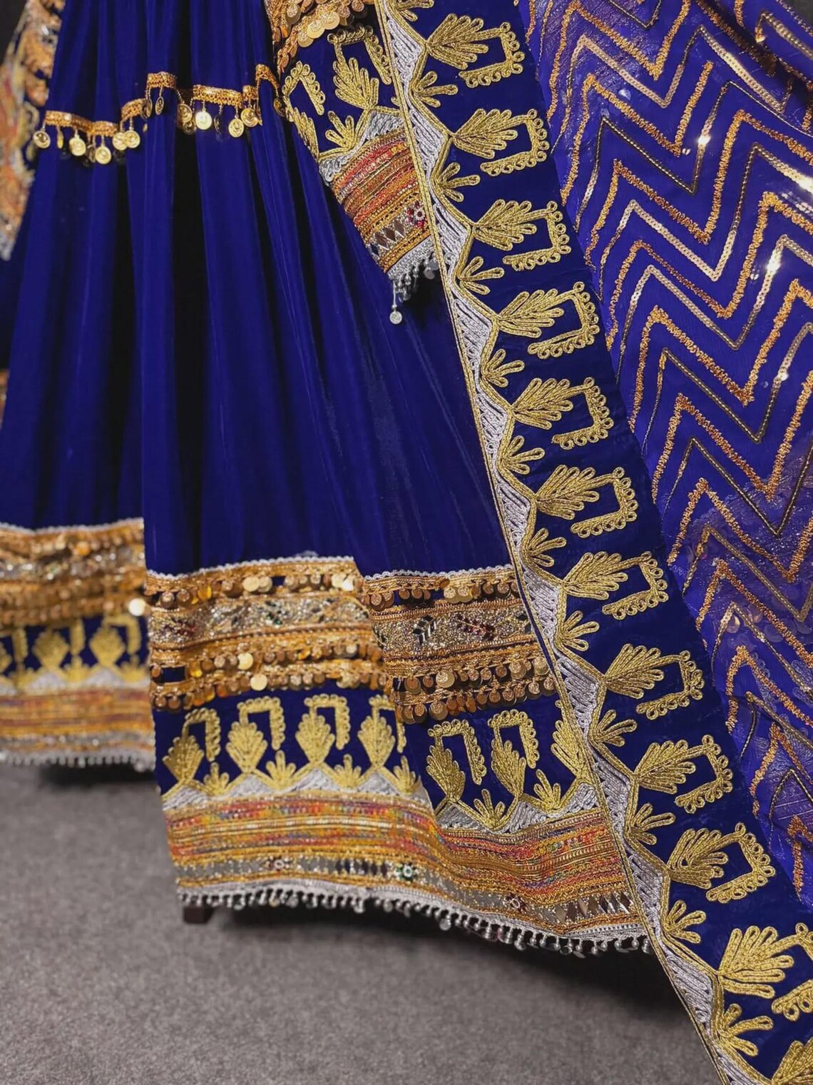 Royal Blue Velvet Afghan Dress: Handmade Mirror Work Embroidery ...