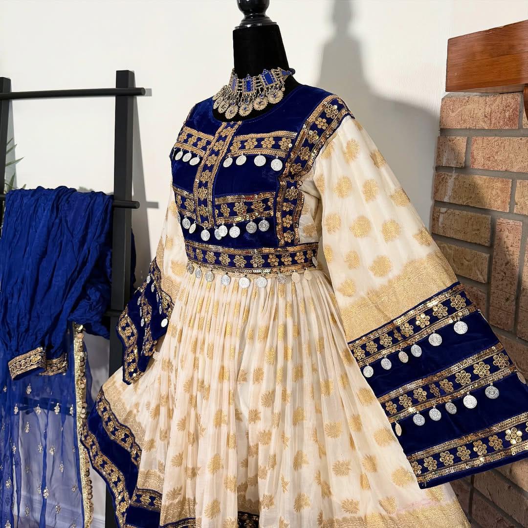 Handmade Royal Blue Afghan Dress | Velvet & Organza Kameez, Mirror Work ...