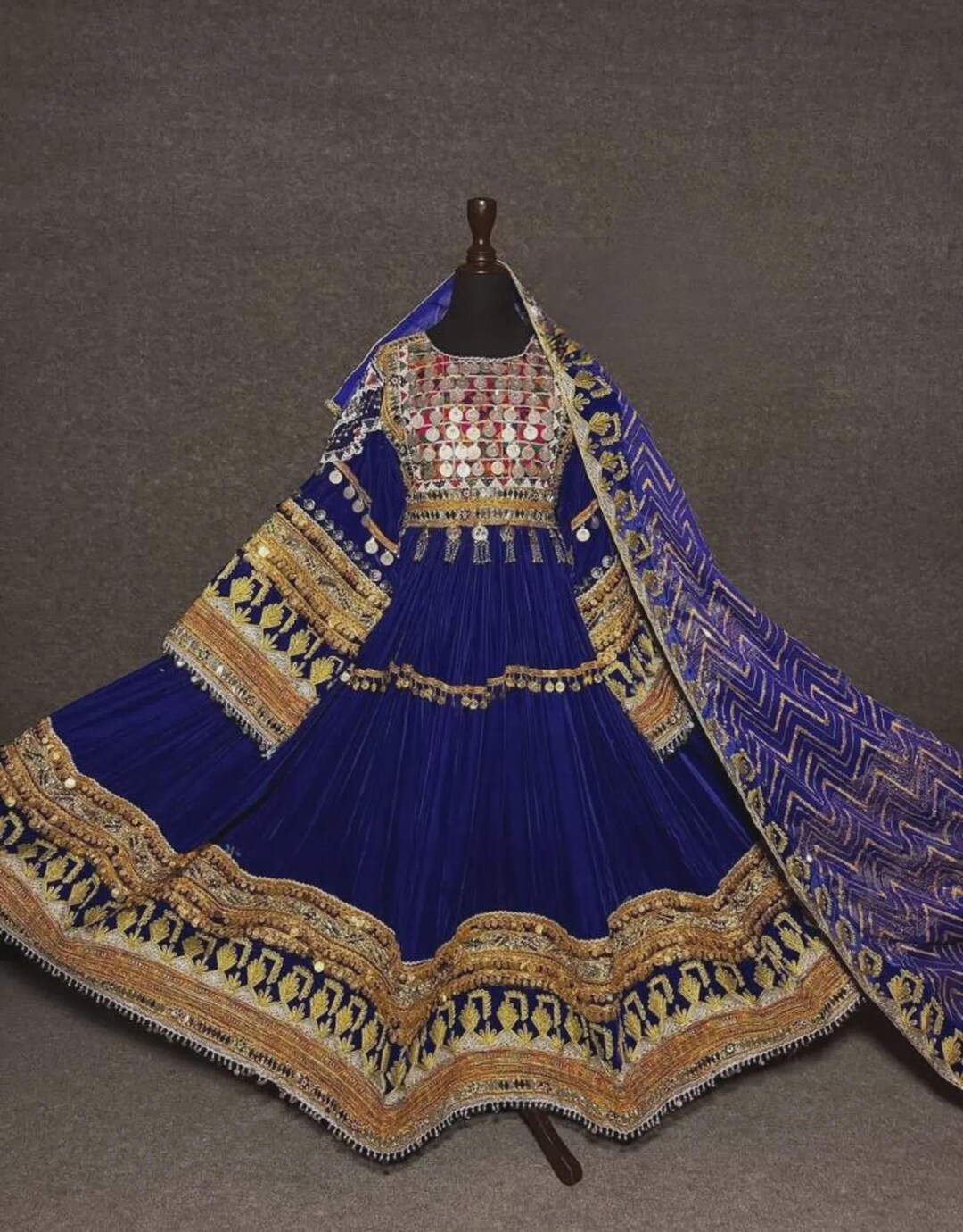 Royal Blue Velvet Afghan Dress: Handmade Mirror Work Embroidery ...