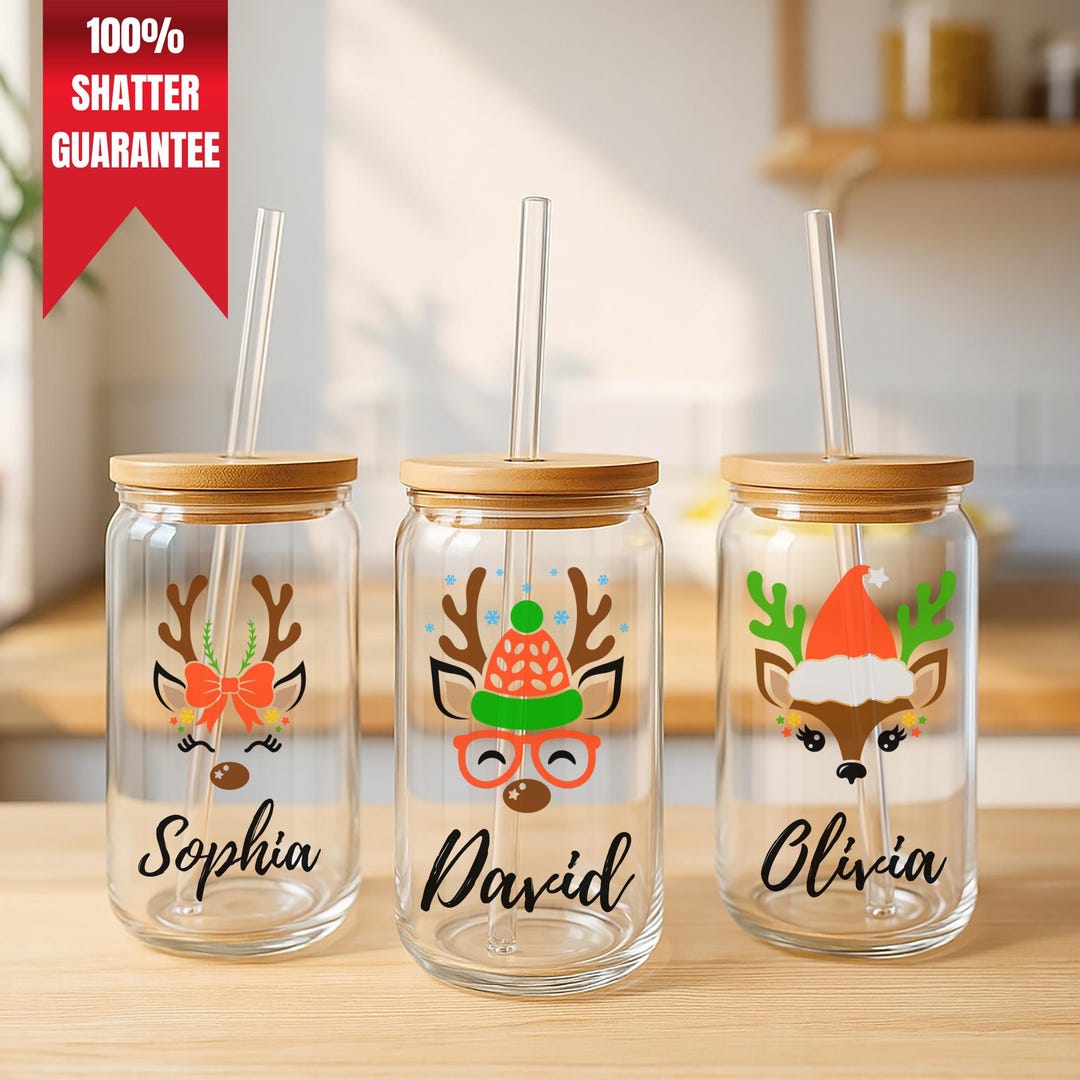 Personalized Reindeer Christmas Glass Cup With Name, Custom Clear and ...