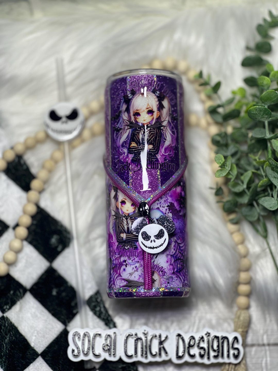 Nightmare Jack Snow Globe Bottom Tumbler: Purple Zipper 24oz With Charm ...