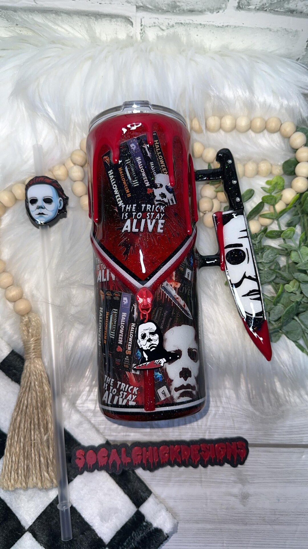 Michael Movies Tumbler: Red Drip, Knife Handle, Snow Globe Bottom - Etsy