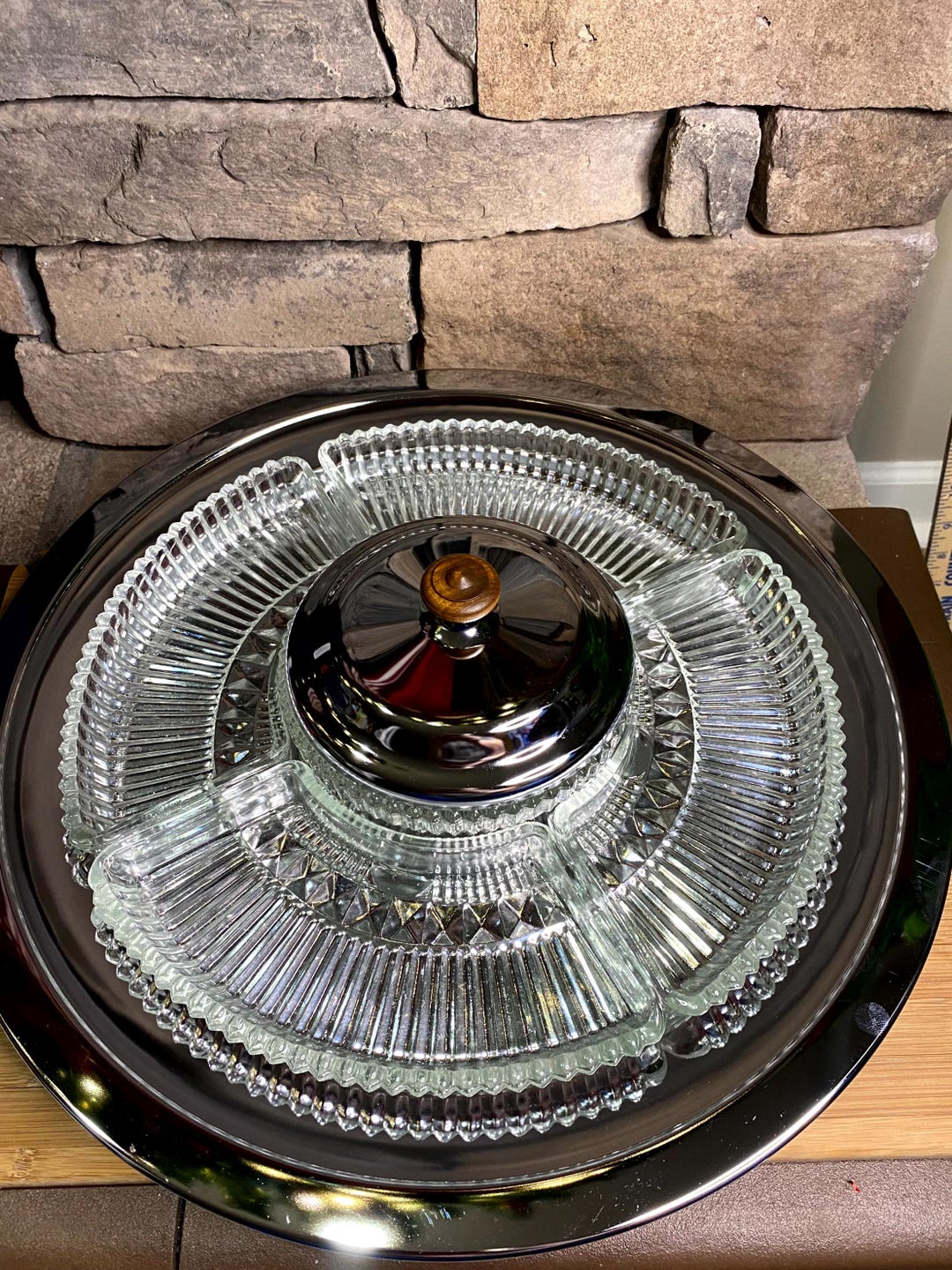 MCM Kromex Lazy Susan With Glass Inserts, Chrome Rotating Relish and ...