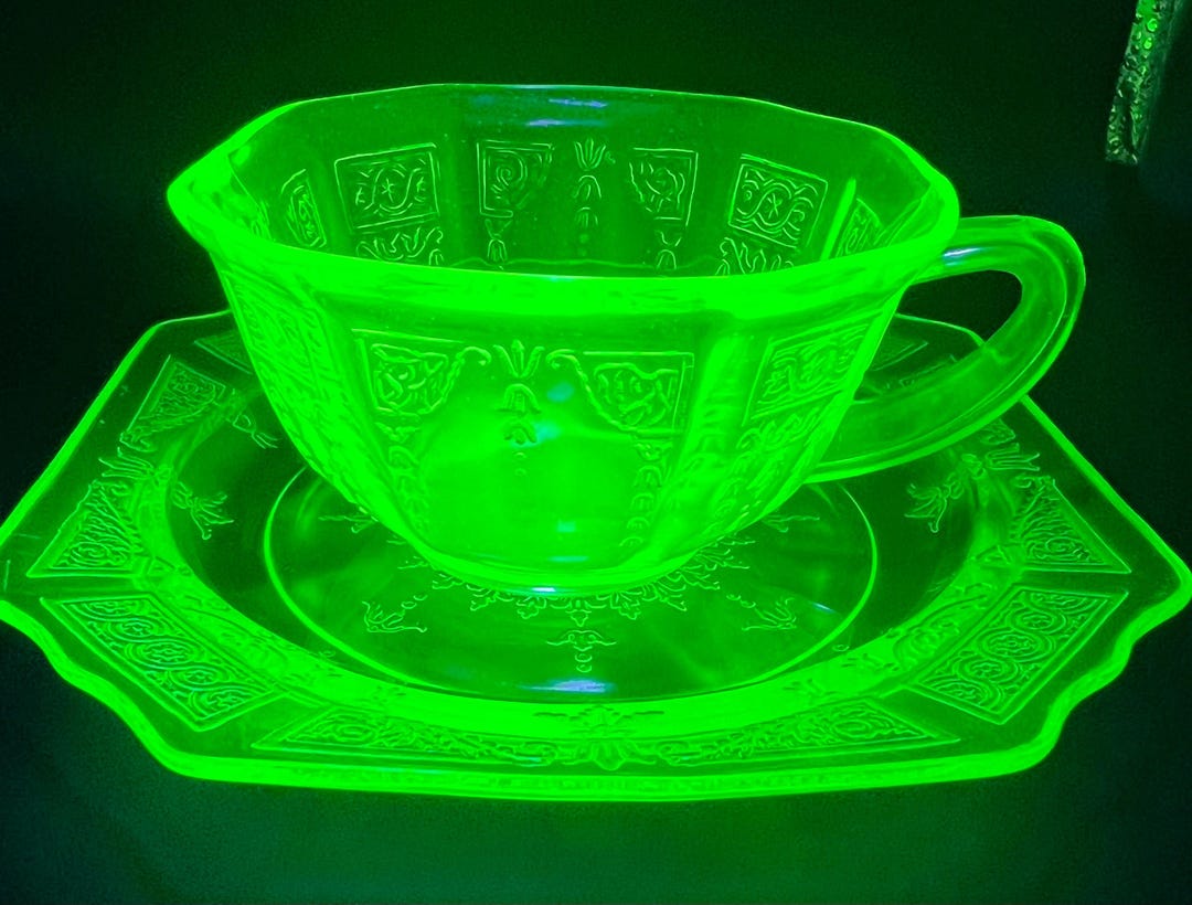 Hocking Glass Company Princess Pattern Uranium Glass Cup & Saucer ...