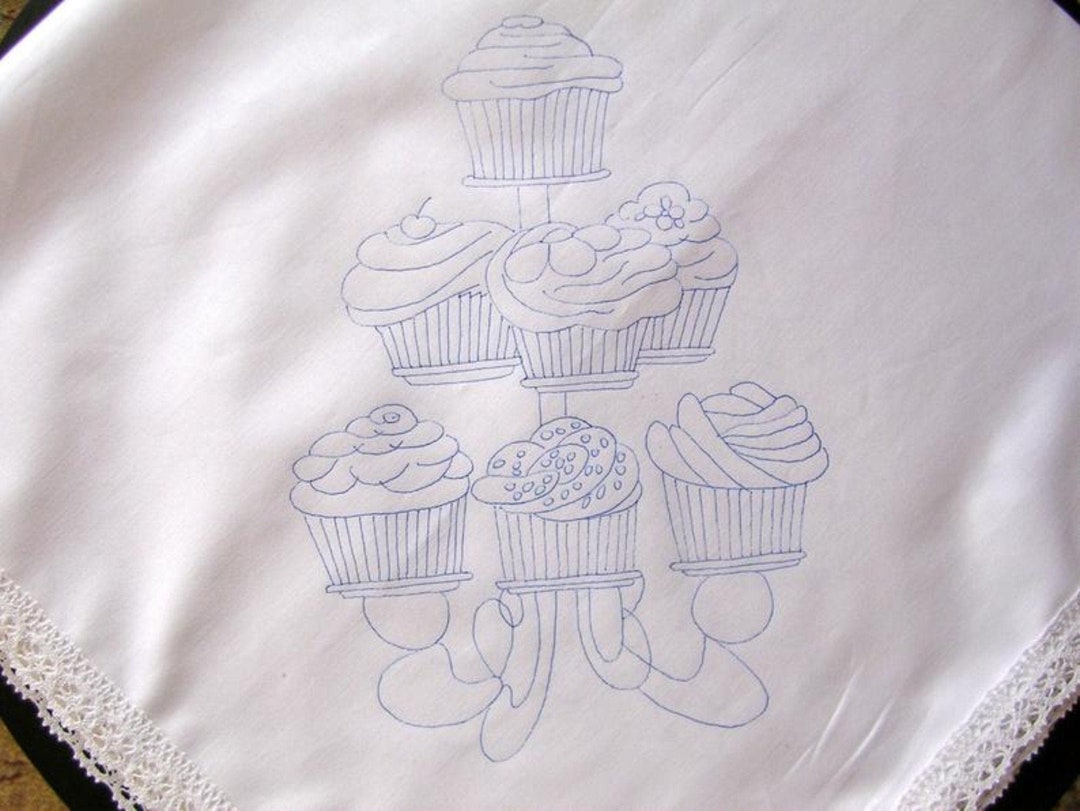 Cupcake Hand Embroidery Pattern on a Ready to Embroider Tablecloth - Etsy