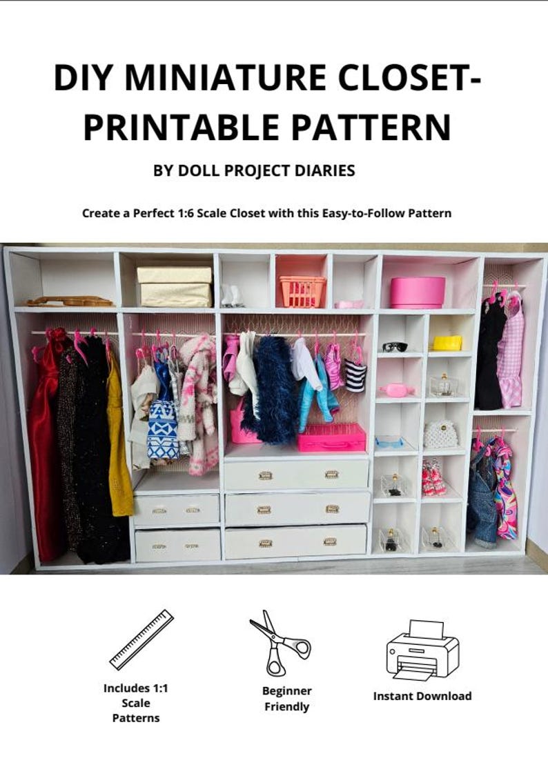 DIY Miniature Wardrobe Pattern PDF | 1:6 Scale Dollhouse Closet ...