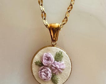 Embroidered 18k Gold Plated Pendant Necklace: Purple Lavender Handmade ...