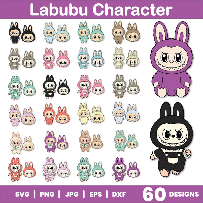 Labubu Bunny Clipart Bundle: 60 Kawaii Cartoon PNG, SVG (digital ...