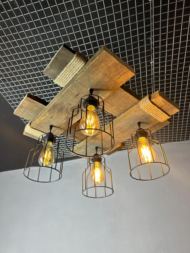 Handmade Square Wood Chandelier, Rustic Farmhouse Pendant Light ...
