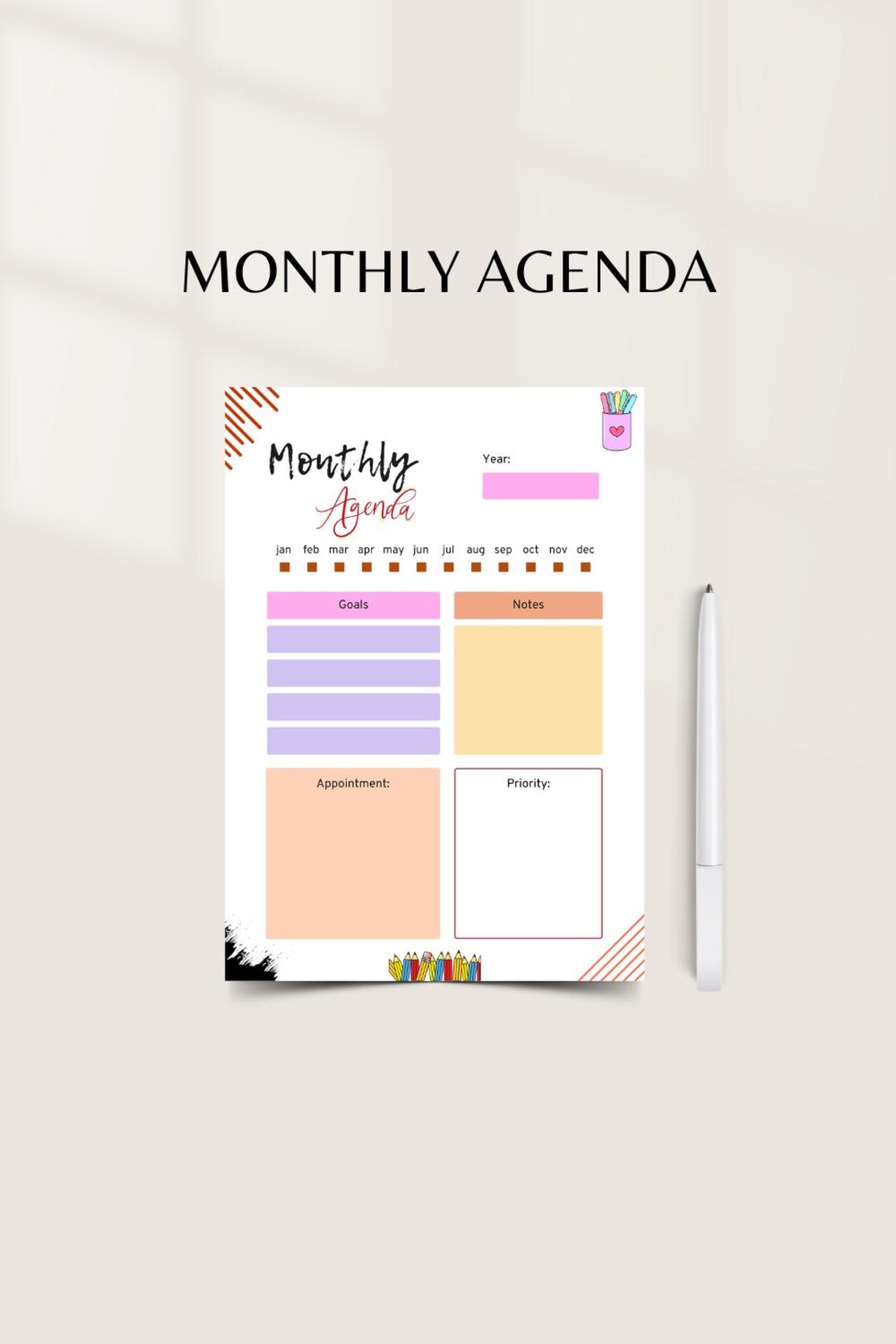 Monthly Agenda Printable Planner – One Page Monthly Overview Layout ...