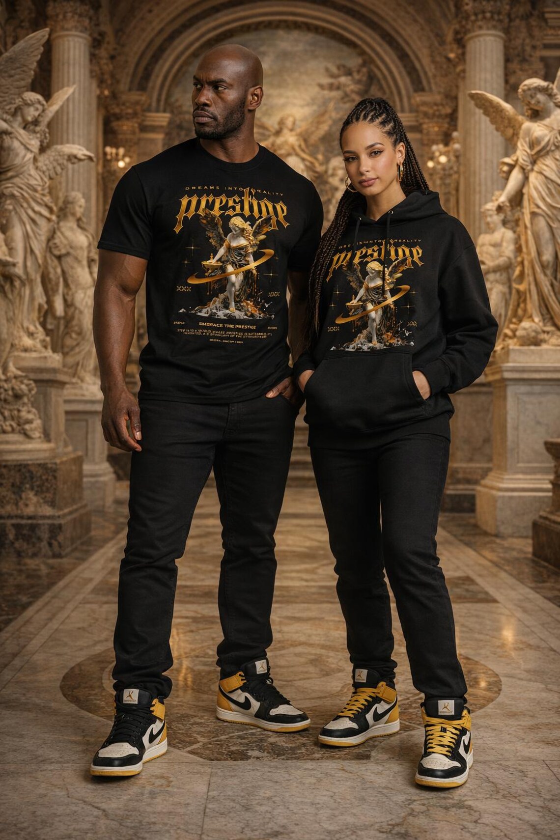 Prestige Angel Statue Streetwear Shirt – Luxury Gold Gothic Graphic Tee ...