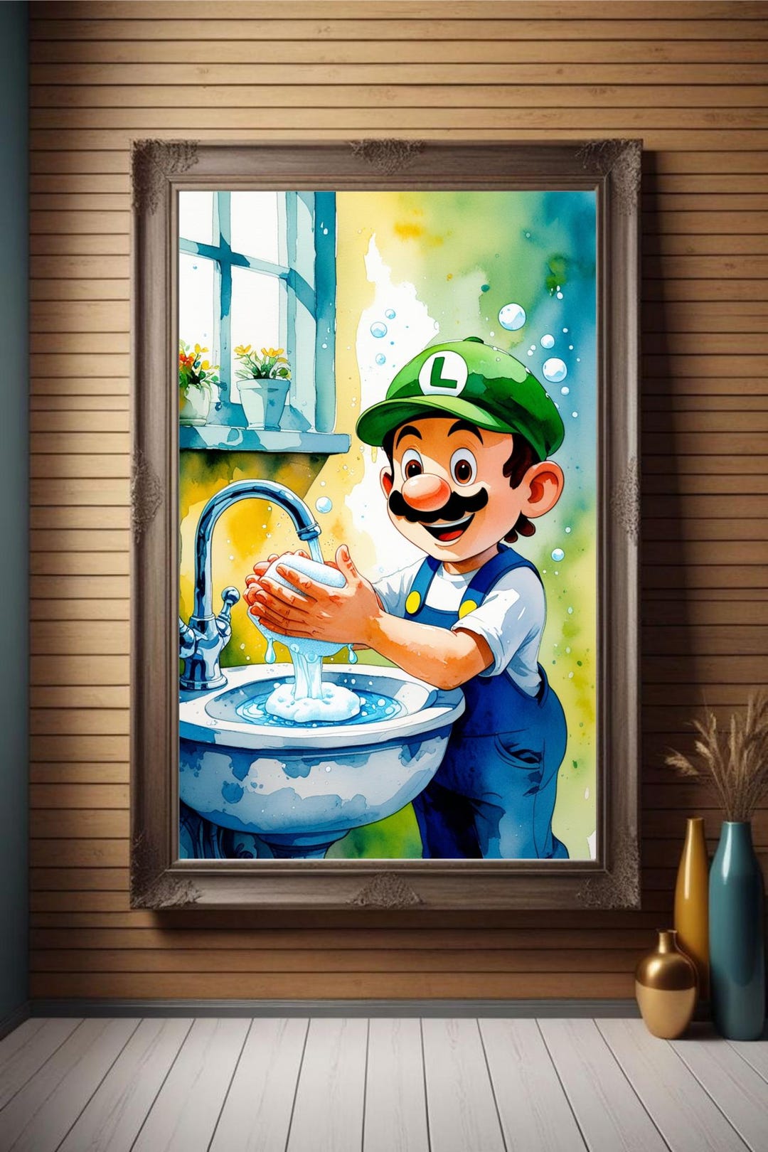 Funny Luigi Washing Hands Art Print: Mario Bros Parody (digital ...