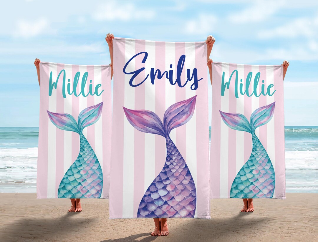 Mermaid Personalized Beach Towel, Mermaid Party Favors, Custom Beach ...