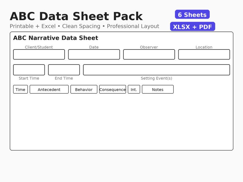 ABC Data Sheet Pack (printable & Excel) | ABA Data Collection ...