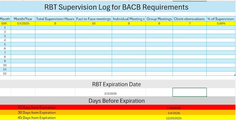 RBT Supervision Tracker Excel | BACB Monthly Log + Auto % Calculator ...