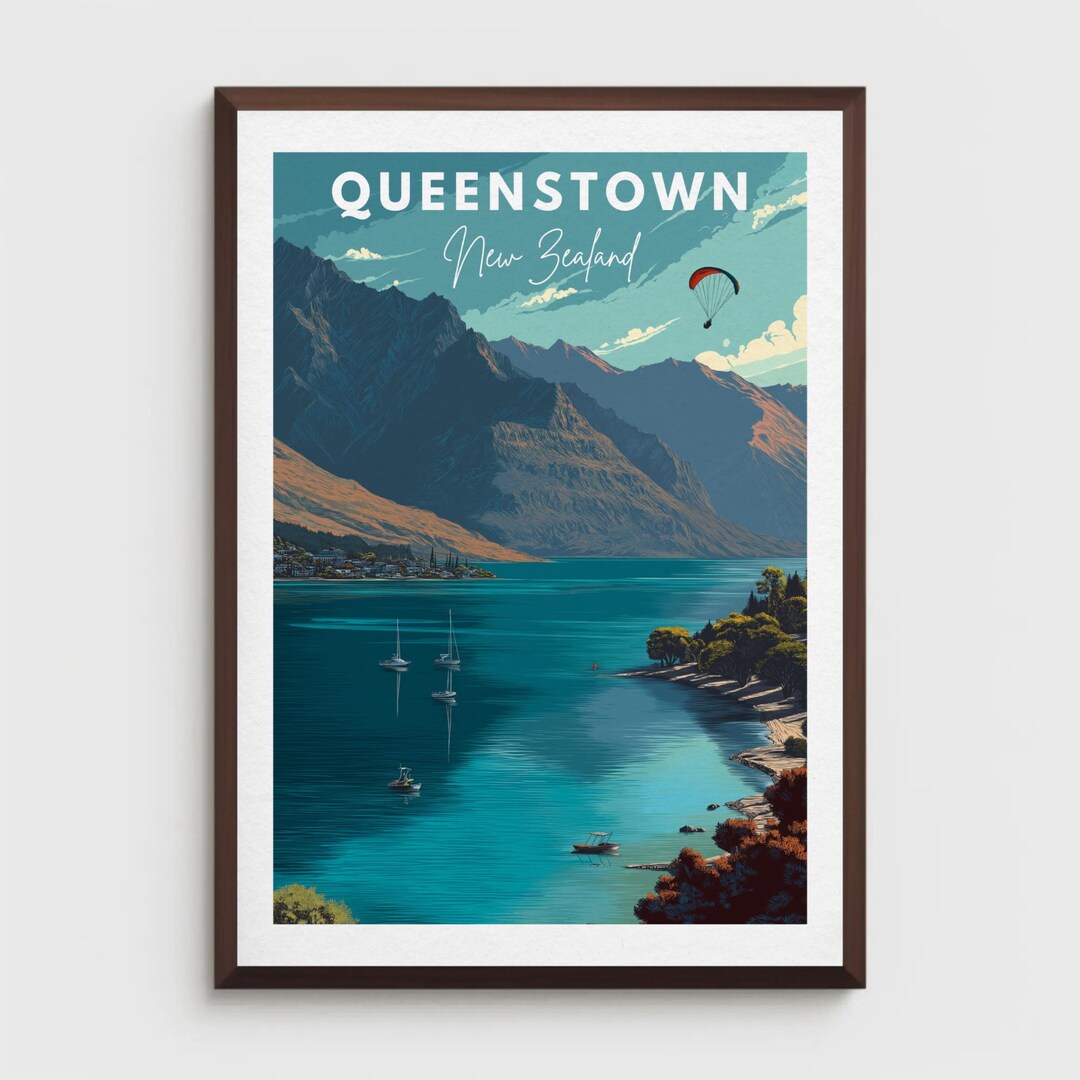 Queenstown New Zealand Travel Poster: Retro Lake Wakatipu Art Print - Etsy