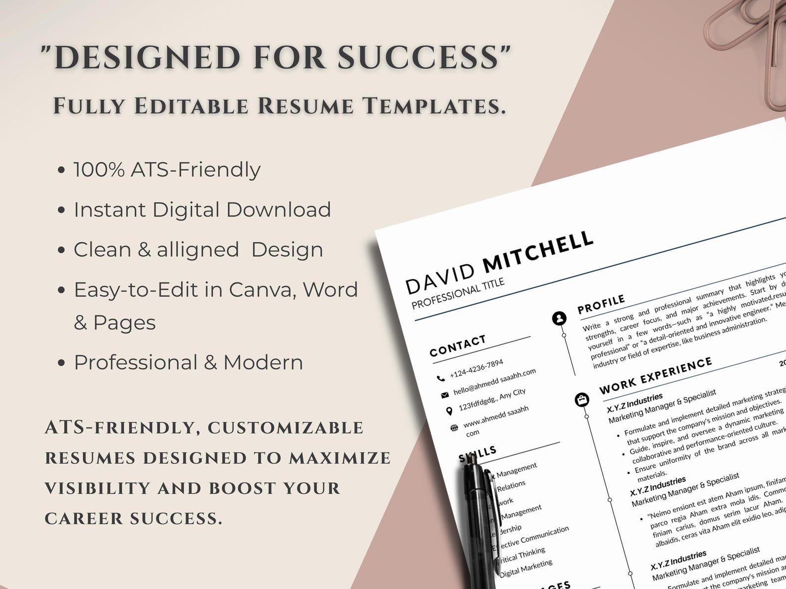 ATS Friendly Resume Template | Editable Resume in Word & Canva ...