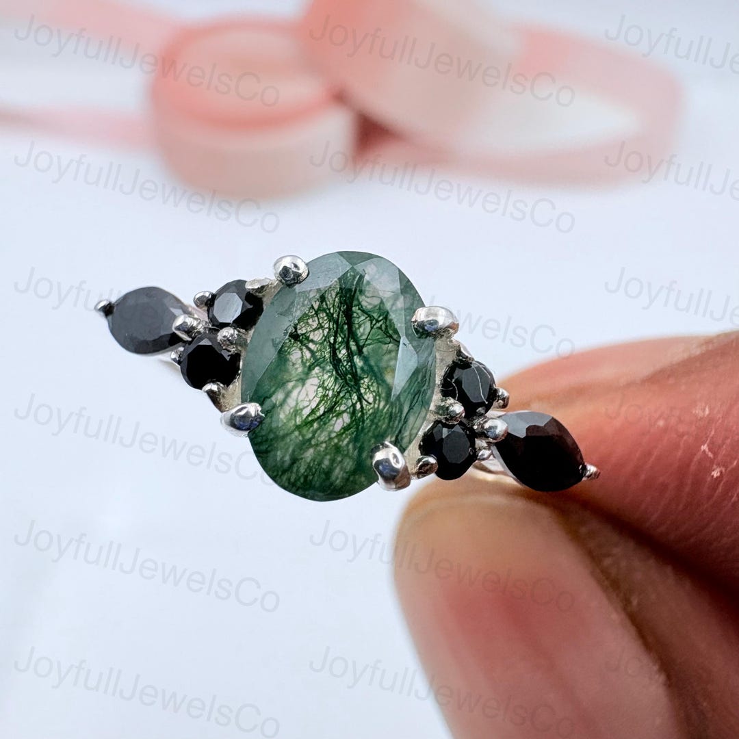 Oval Moss Agate Engagement Ring: Sterling Silver, Black CZ Side Stones ...