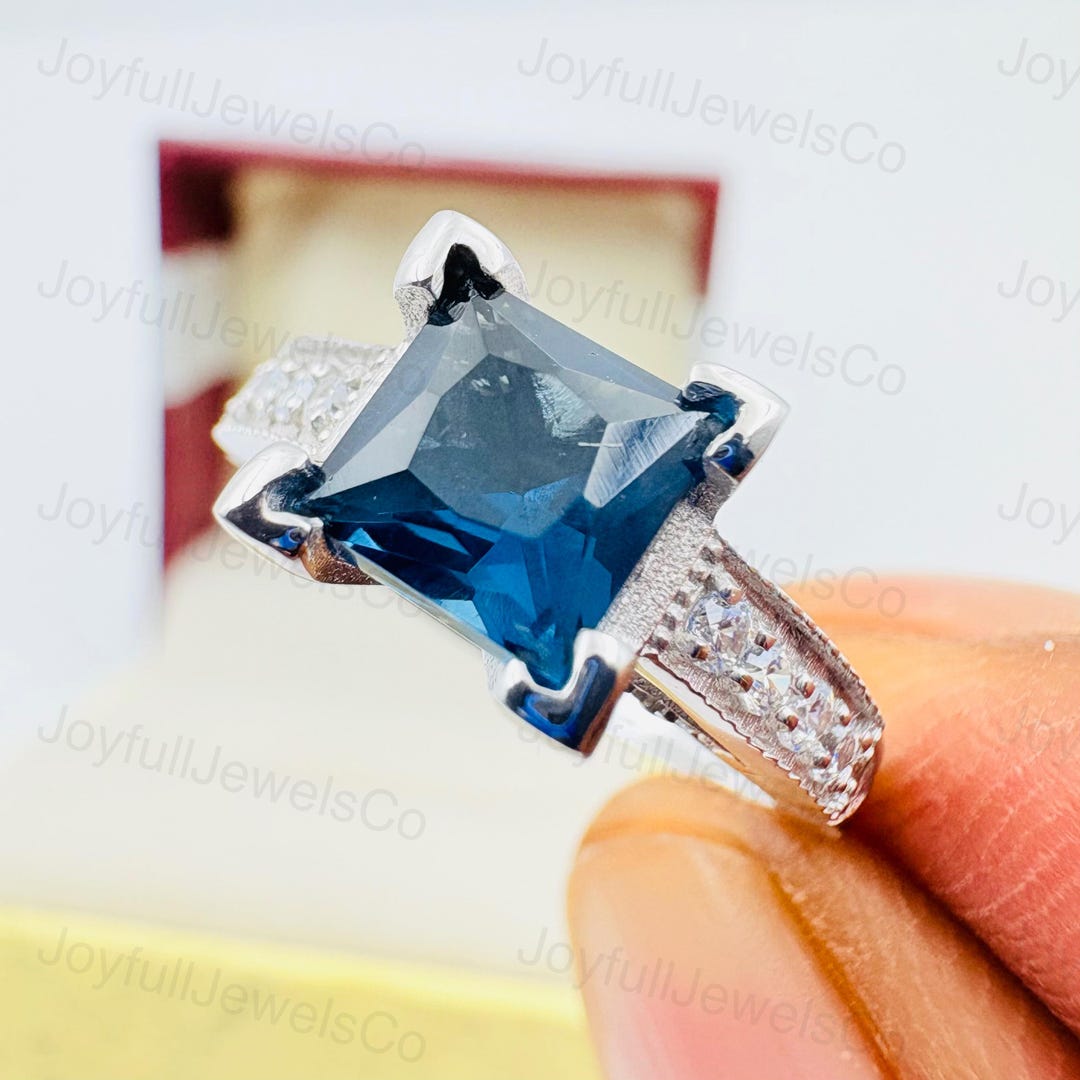 Princess Cut Half Bezel Set London Blue Topaz Engagement Ring: White ...