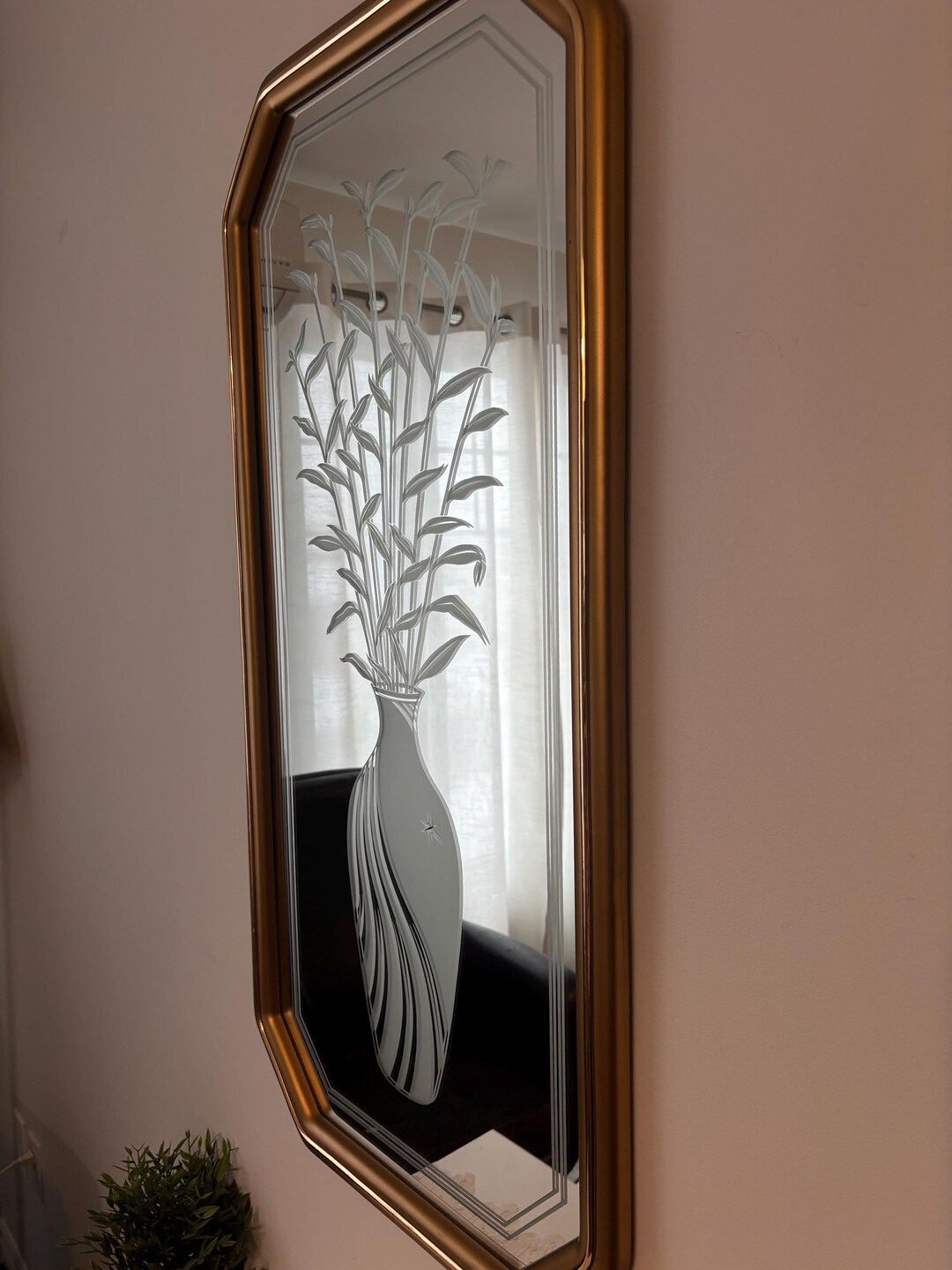 Vintage Octagonal Wall Mirror Wonder Glo, Etched Glass, 1980s Gold ...