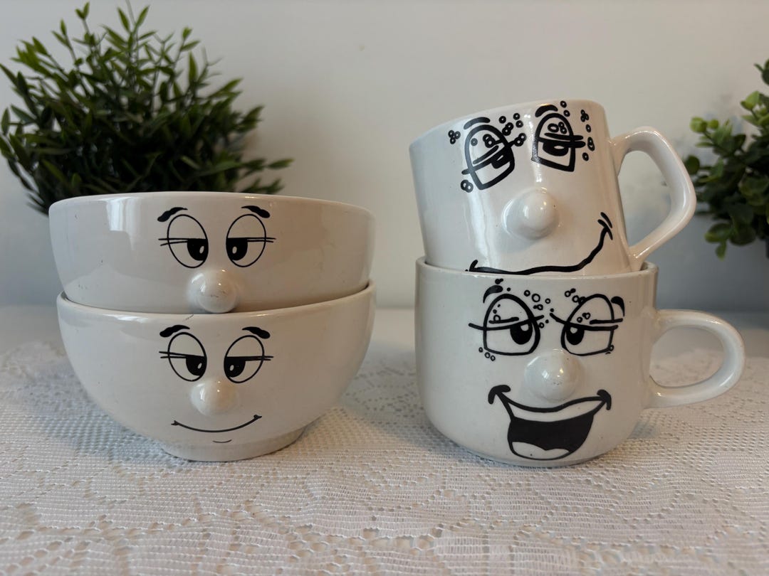 Set of 2 Bowls, 2 Mugs With 3D Smiley Face Nose, Cereal Bowls, Soup ...