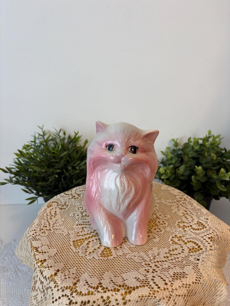 Vintage Pink and White Ceramic Persian Cat Figurine, Cute Retro Kitten ...