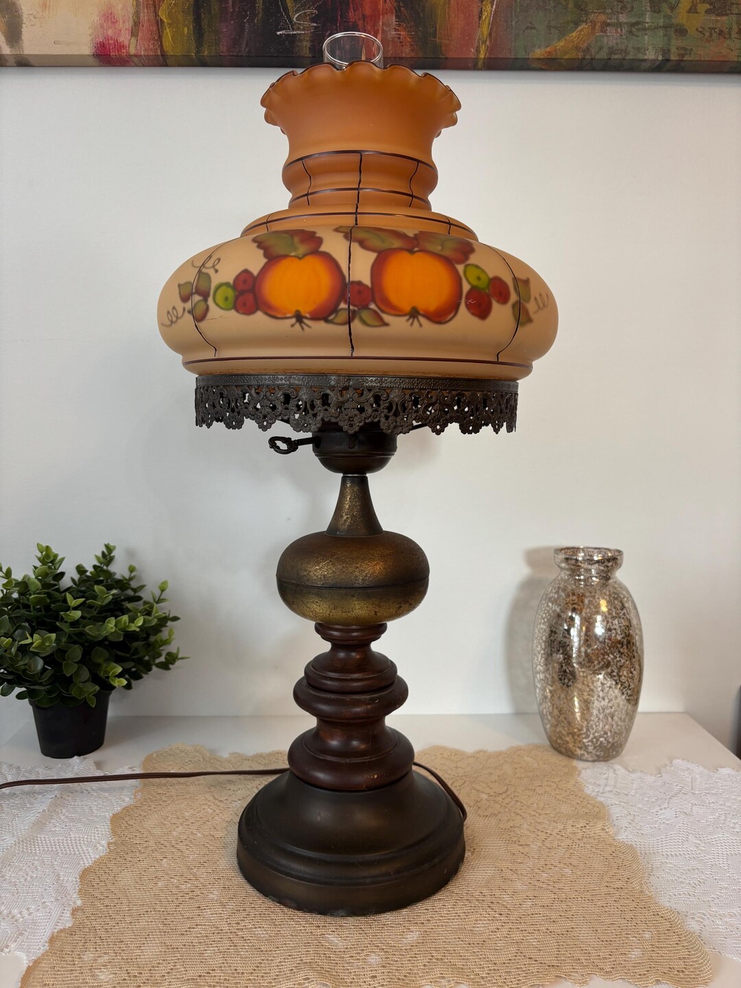 Vintage Hurricane Style Electric Table Lamp. Hand-painted Glass Shade ...