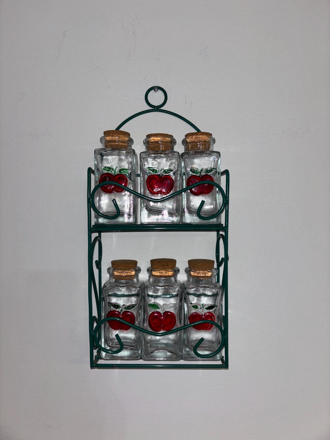 Vintage Green Metal Spice Rack With 6 Glass Bottles Decorated With ...