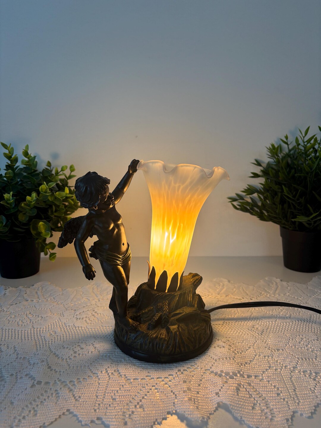 Vintage Tiffany-style Night Light, Brass Cherub, Angel Lamp With ...