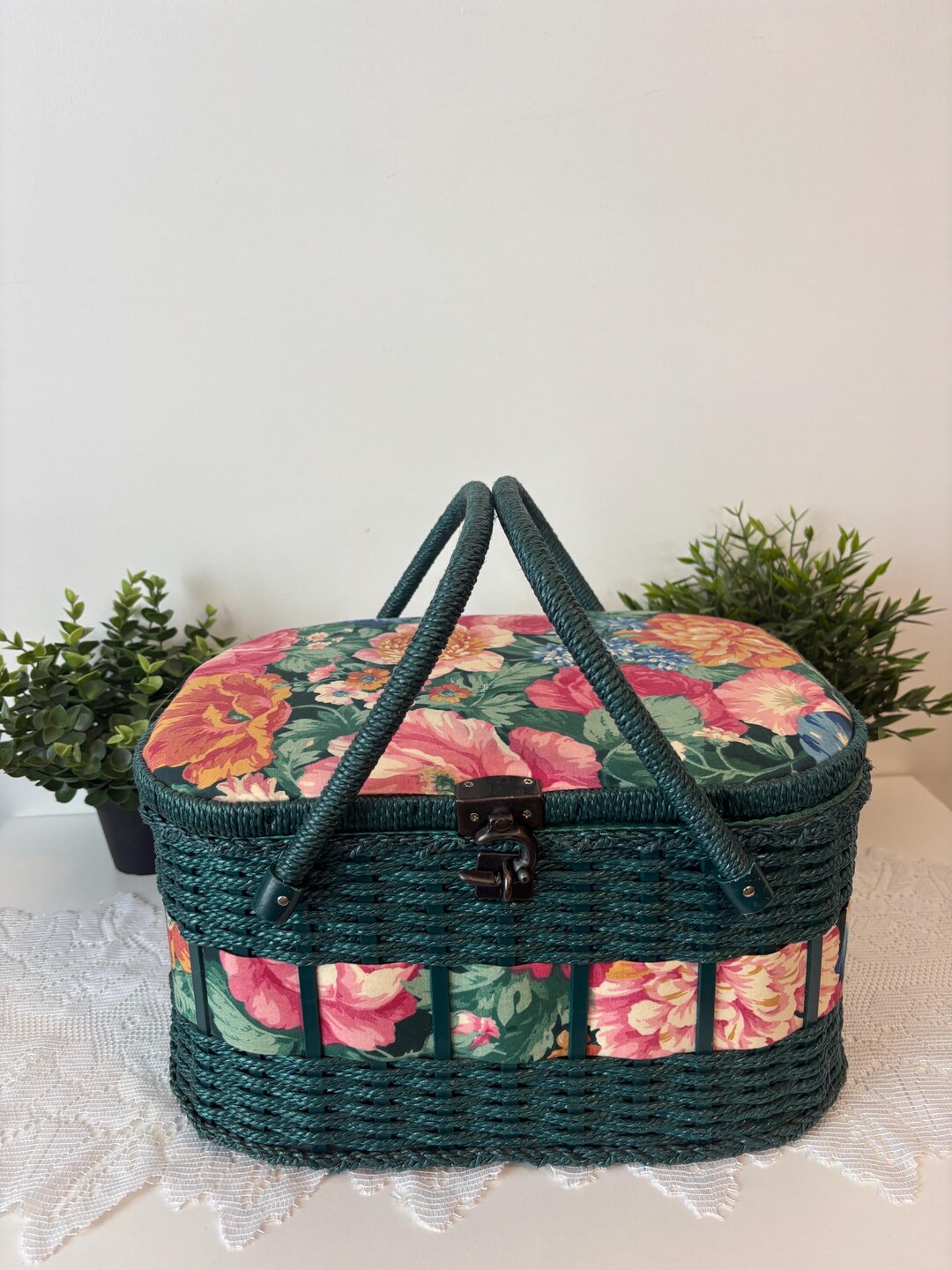 Vintage Singer Sewing Basket From the 1980s, Green Floral Wicker Basket ...