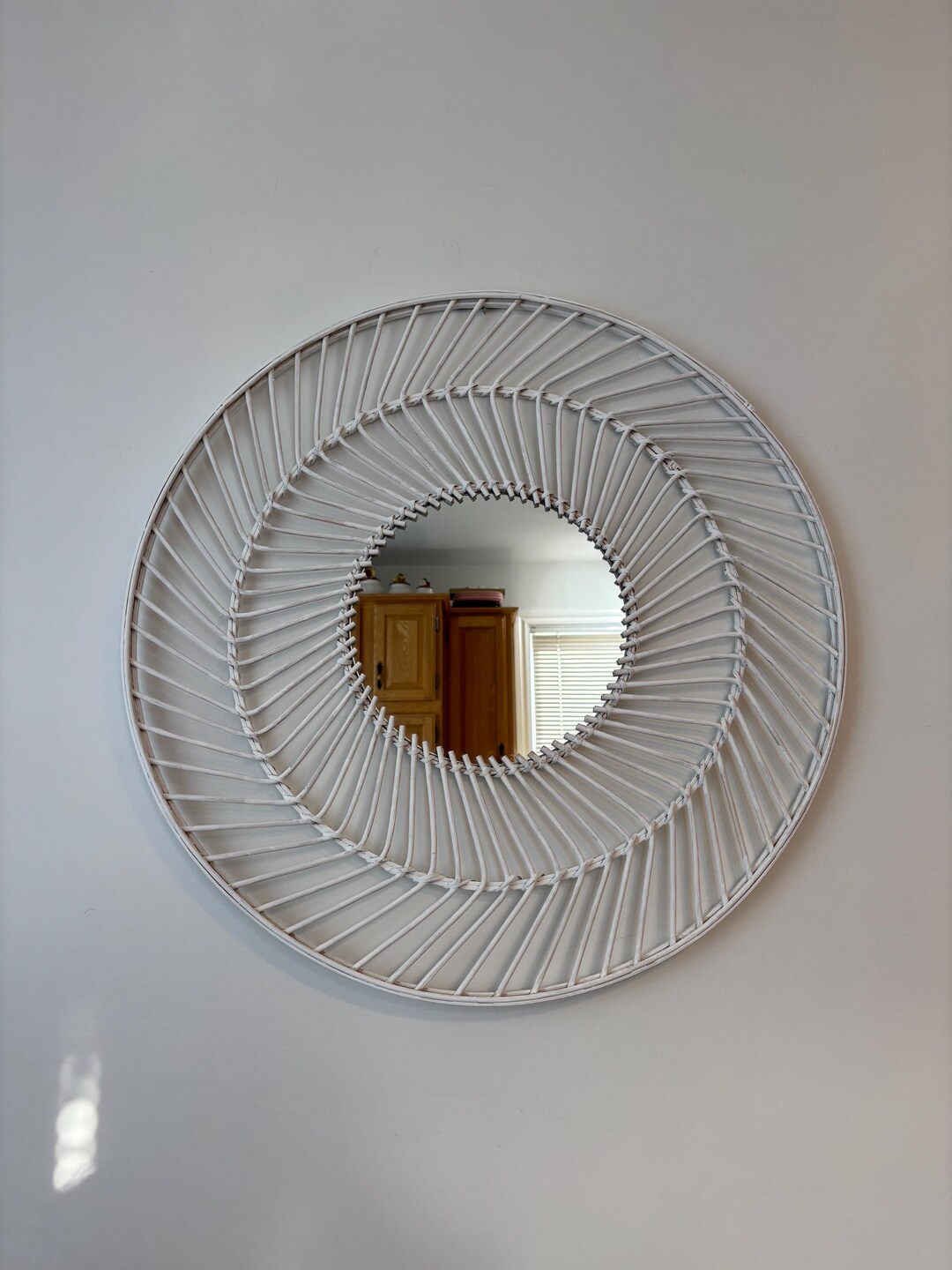 Large Round Wall Mirror in Bleached White Rattan, Boho Style Mirror ...