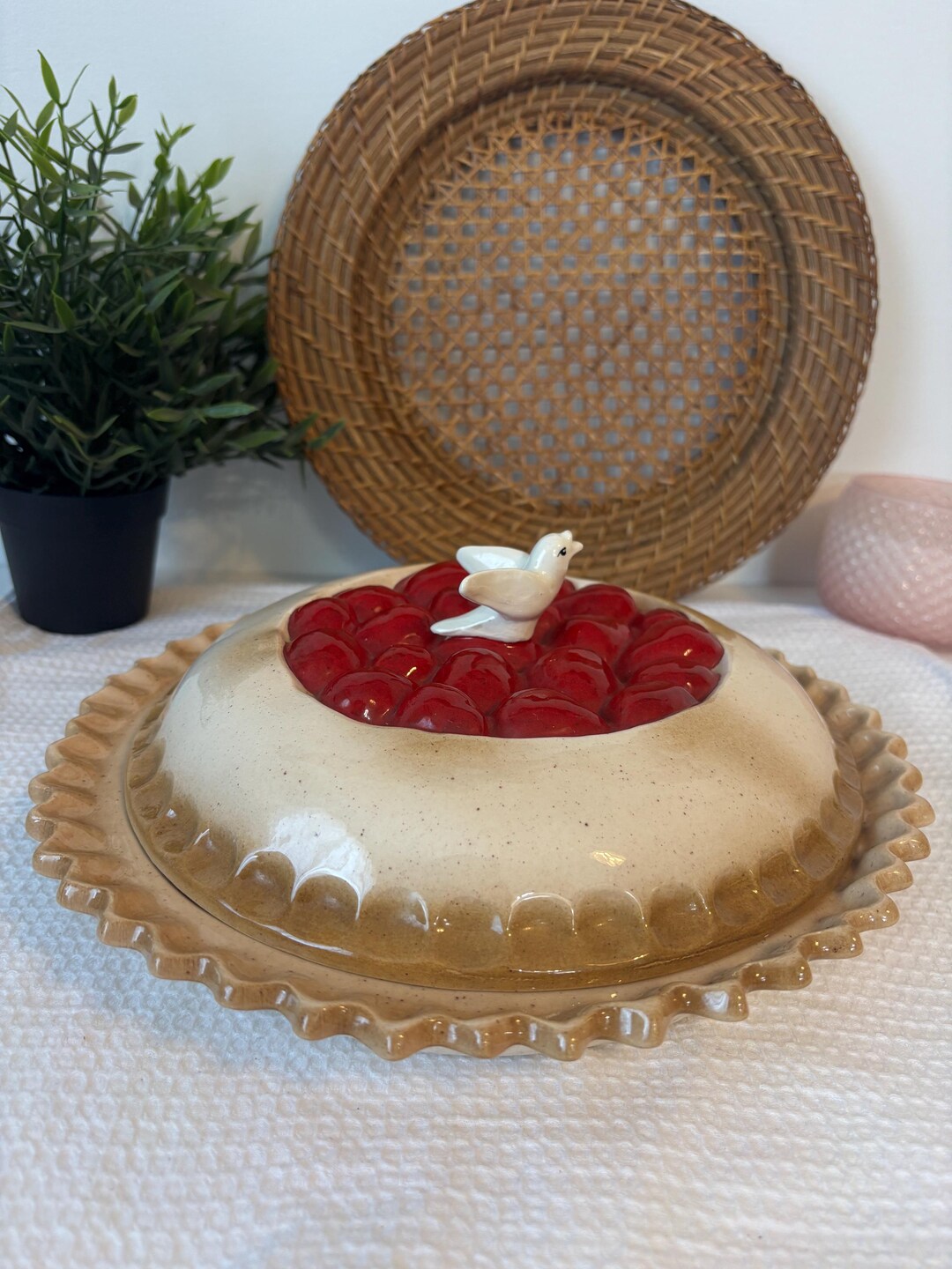 Vintage Ceramic Pie Dish With Cover Cherry and White Bird La Terriere ...