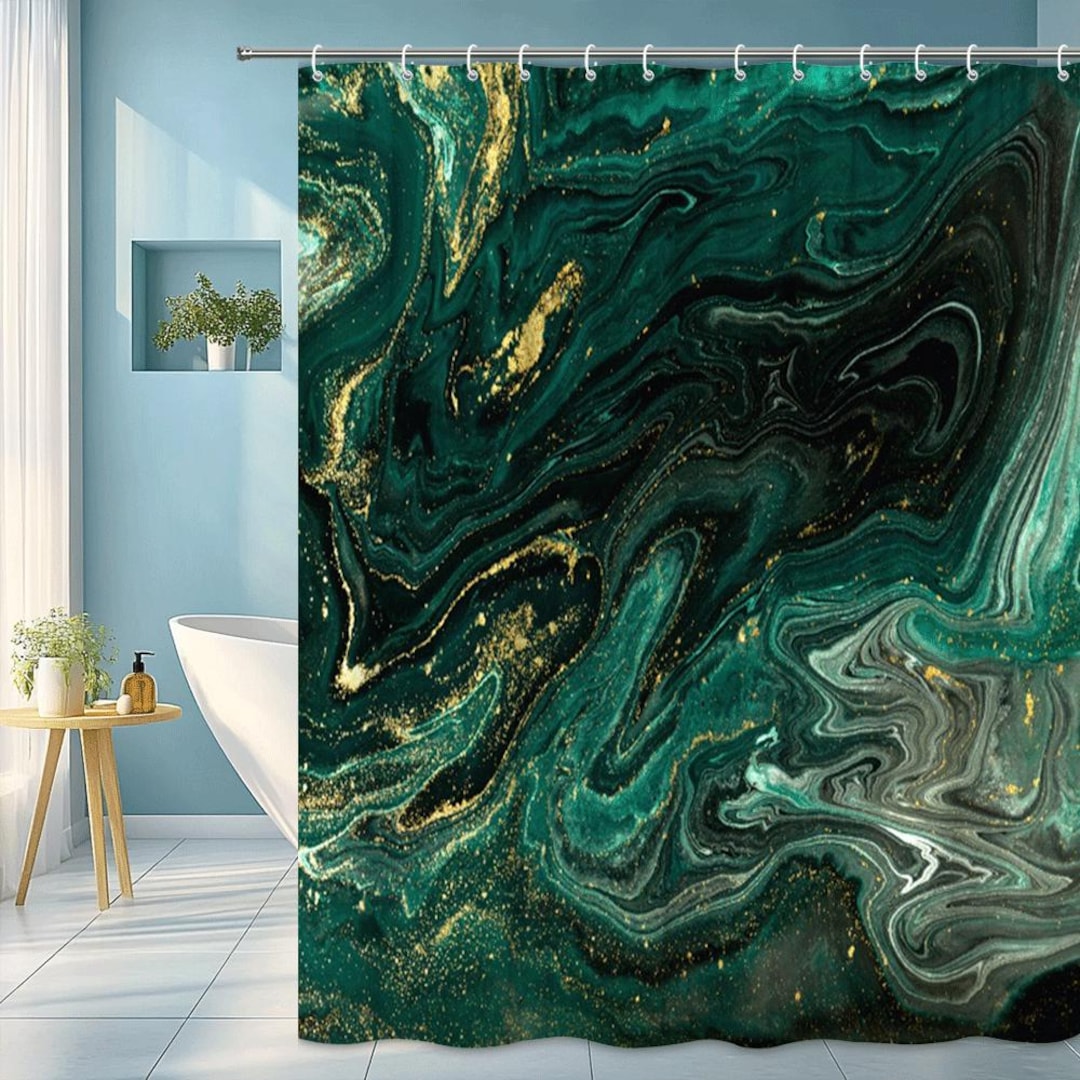 Elegant Emerald Green Marbled Shower Curtain, Luxe Gold Metallic Swirl ...