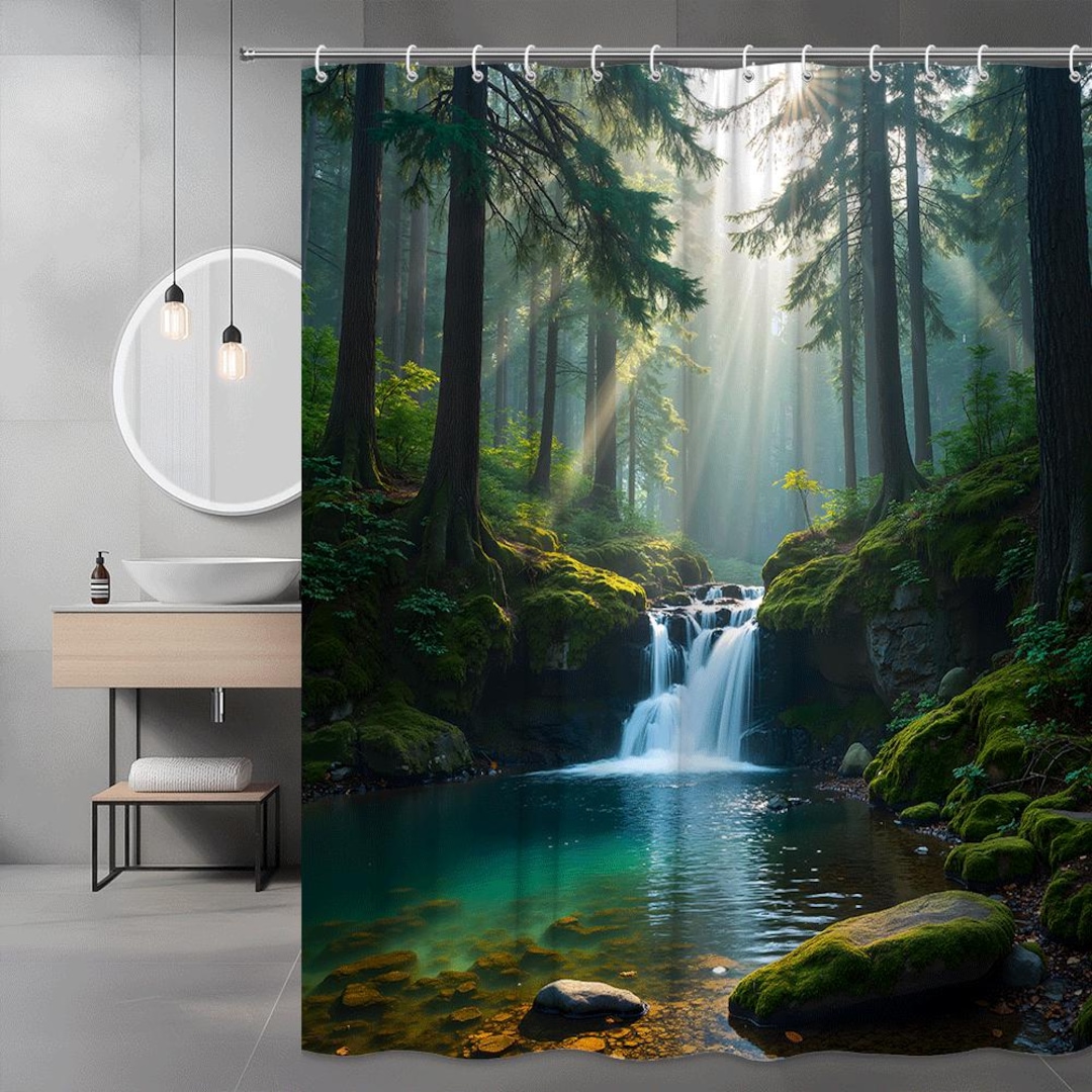 Green Forest Waterfall Shower Curtain - Tranquil Nature Scene - Etsy