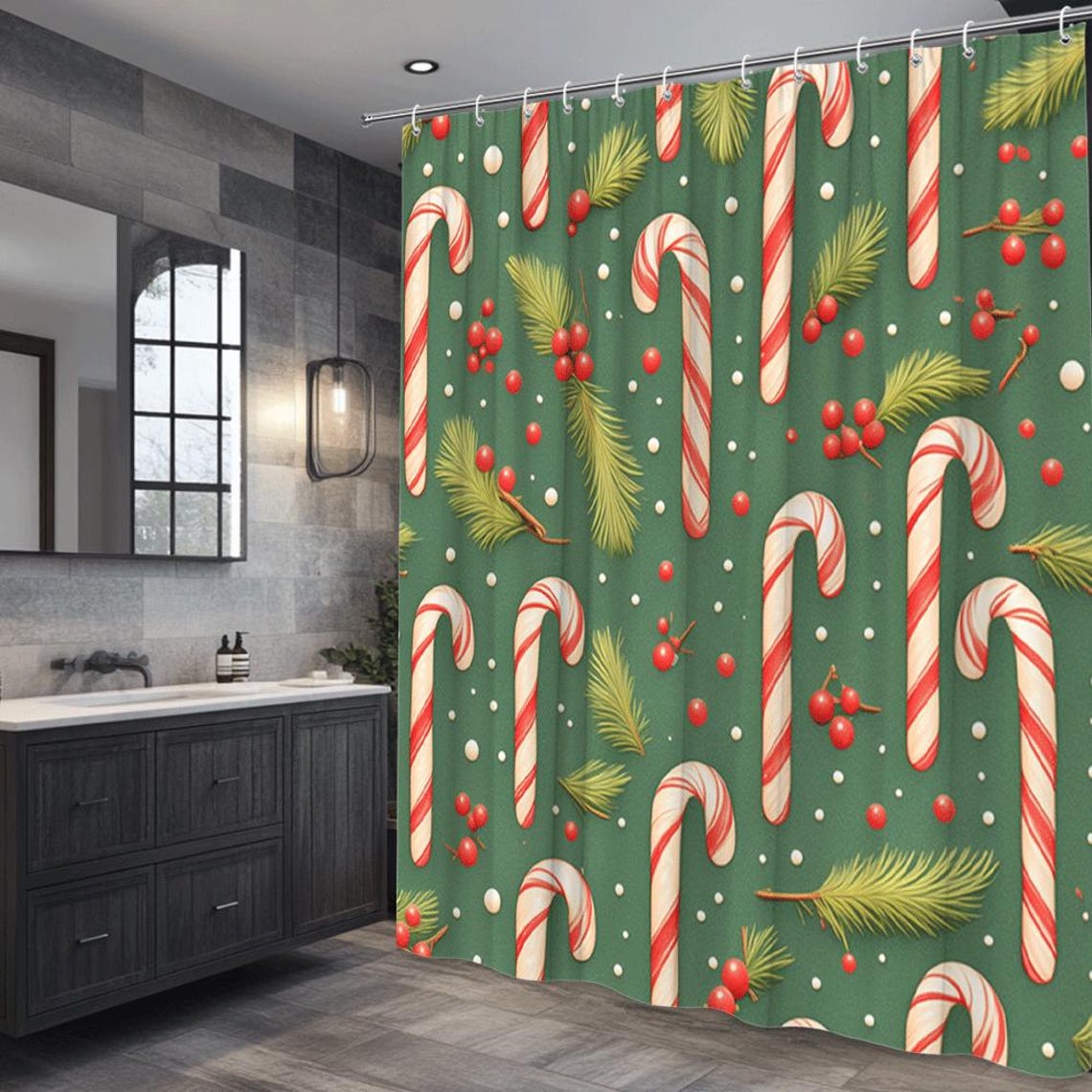 Candy Cane Christmas Shower Curtain: Festive Green Pine, Red Berry ...