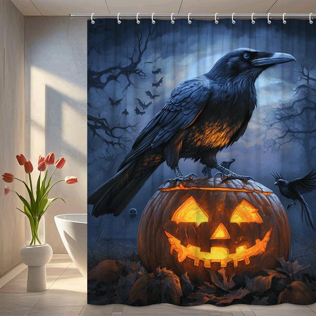 Raven on Pumpkin Shower Curtain - Spooky Halloween Bathroom Decor - Etsy