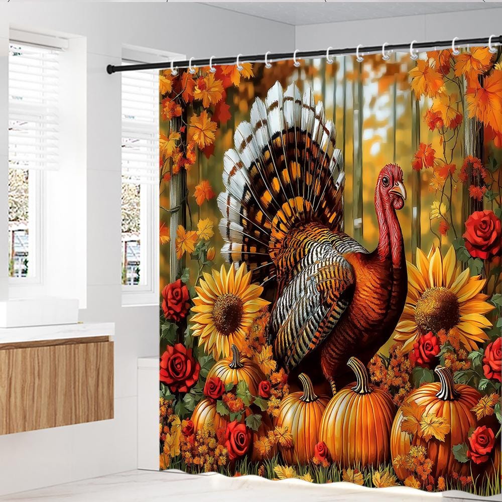 Thanksgiving Shower Curtain Turkey Harvest Modern Fall Bathroom Decor ...