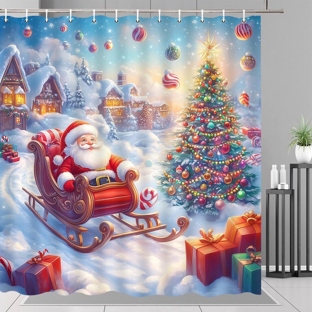 Santa Sleigh Christmas Shower Curtain, Holiday Village Scene, Festive ...