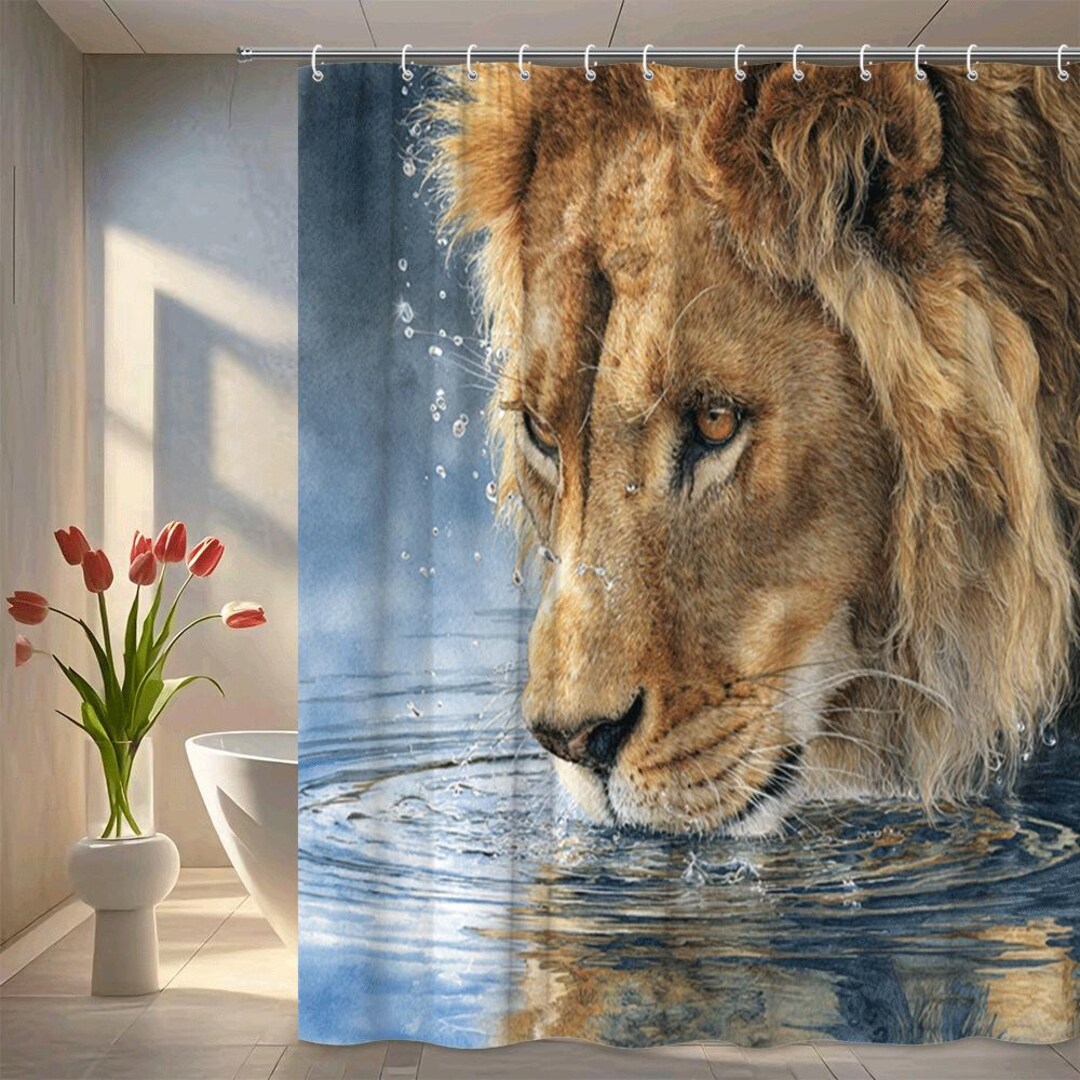 Lion Drinking Water Shower Curtain: Majestic Animal Art Bathroom Decor ...