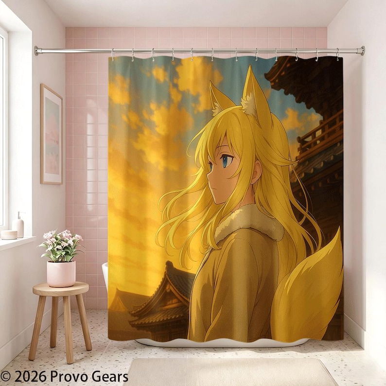 Anime Fox Ears Shower Curtain, Golden Hair Character, Bathroom Decor - Etsy
