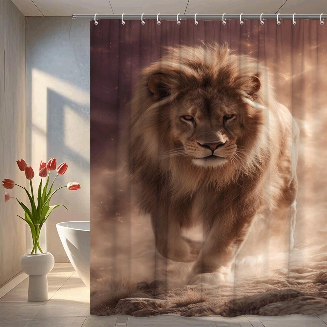 Lion Shower Curtain: Majestic Safari Animal Art, Fabric Bathroom Decor ...