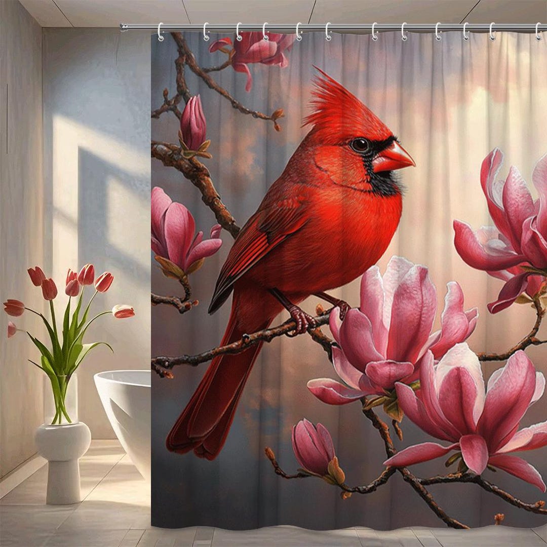Cardinal Bird Shower Curtain: Red Songbird, Magnolia Floral Bathroom ...