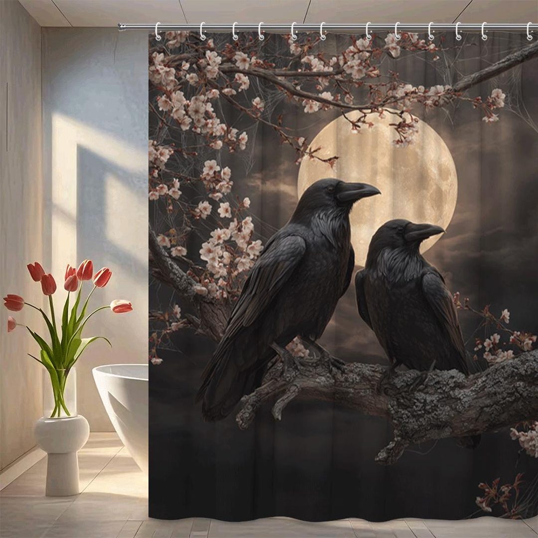 Gothic Raven Shower Curtain: Cherry Blossom, Full Moon Art - Etsy