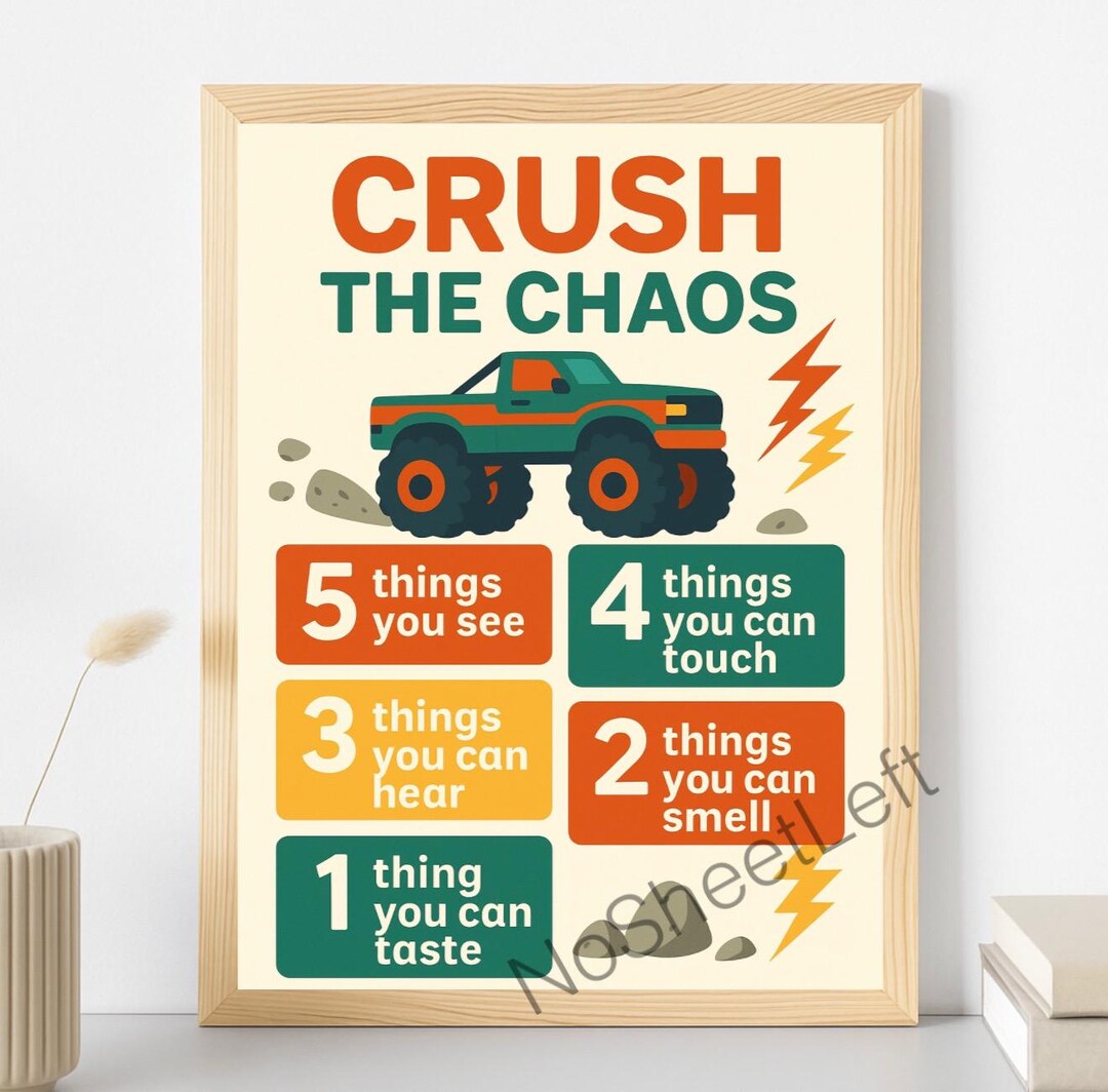Monster Truck Grounding Exercise: 5 Senses Anxiety Relief Poster (PDF ...