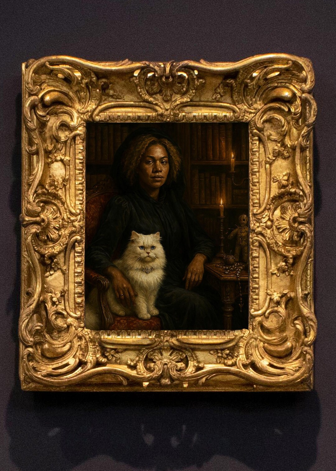 Mambo in Library Art Print: Voodoo Doll, White Cat, Witch Decor ...
