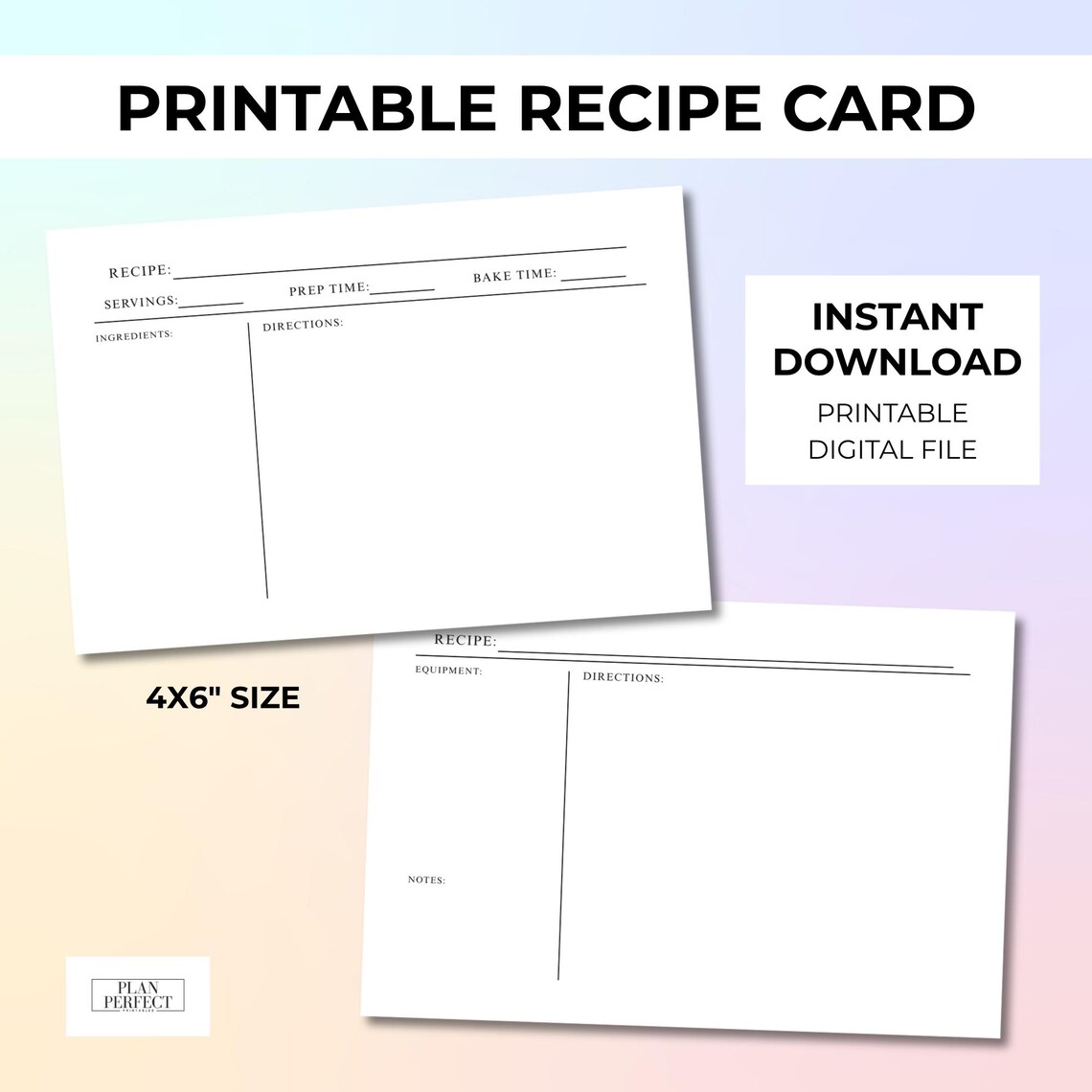 PRINTABLE Minimal Traditional Recipe Card Instant Download 4x6 Unlined ...