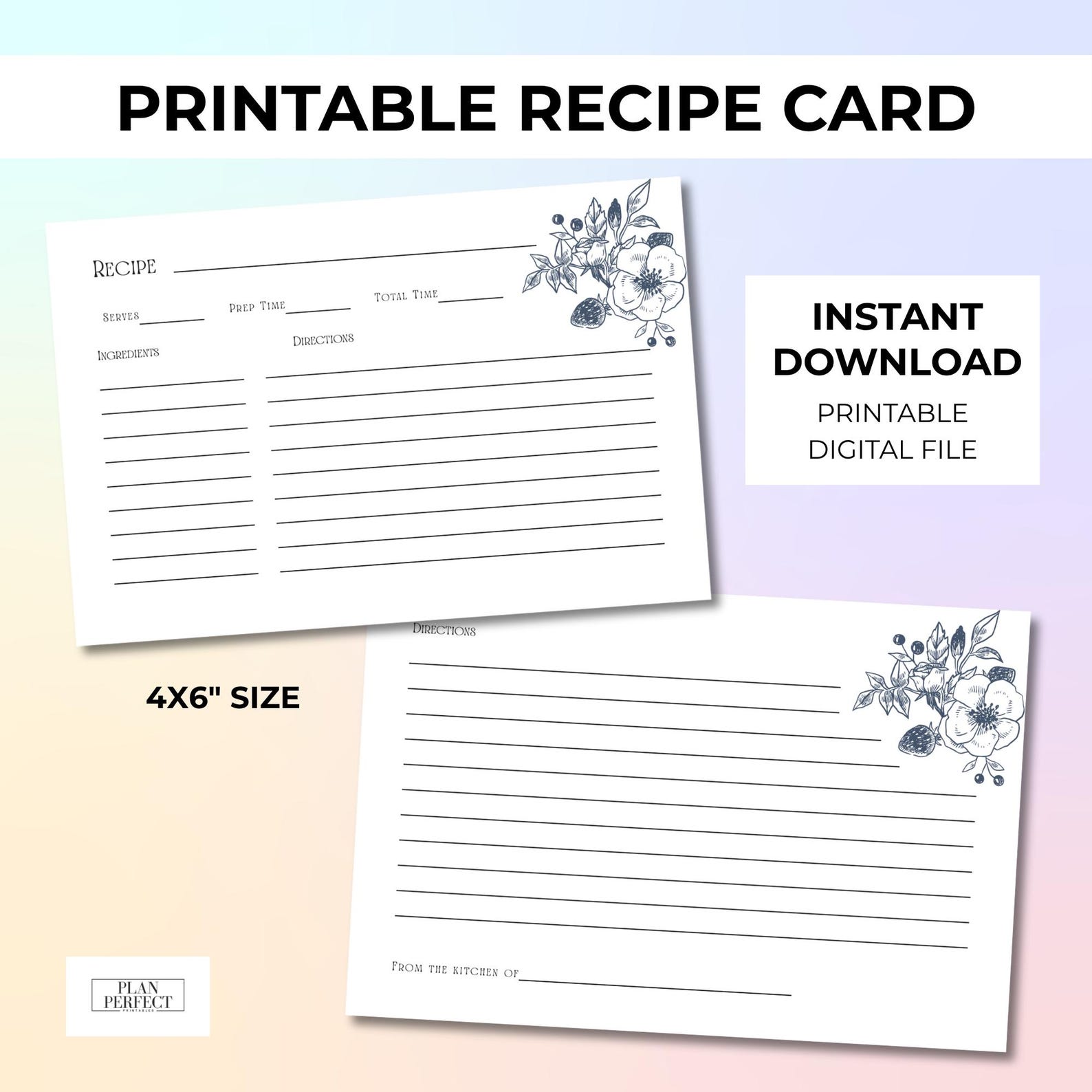 PRINTABLE Vintage Floral Recipe Card Instant Download 4x6 Lined Recipe ...
